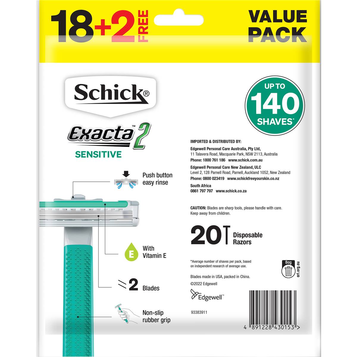 Schick Mens Razor Exacta 2 Disposable Sensitive 18 Pack | Woolworths