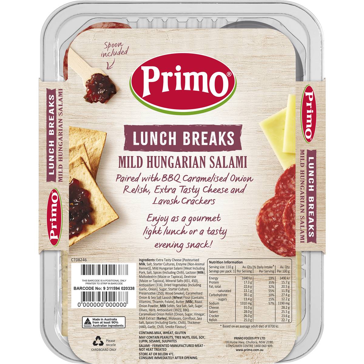 Primo Lunch Breaks Mild Hun Salami Cheese Crackers & Bbq Relish 110g ...