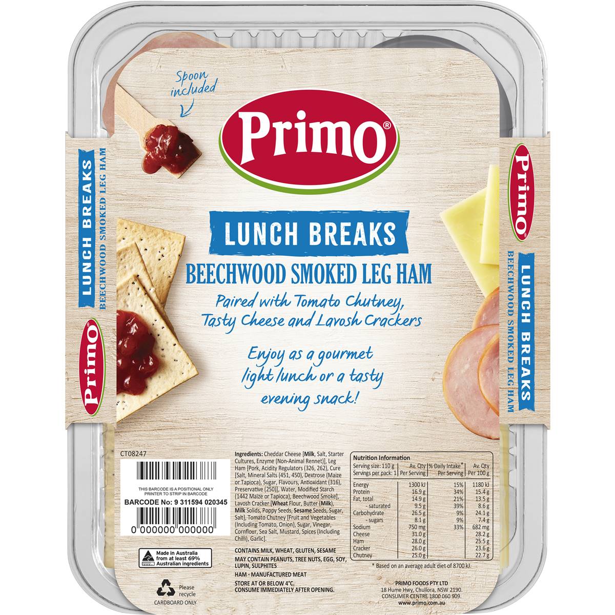 Primo Lunch Breaks Leg Ham Cheese Lavosh Crackers & Tom Chutney 110g ...