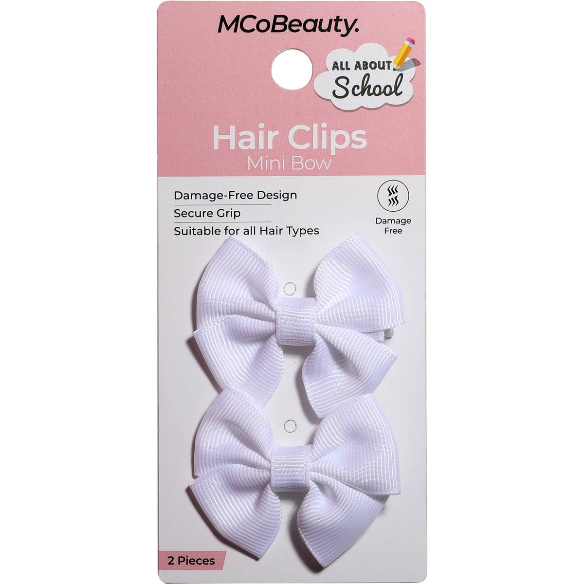 Mcobeauty All About School Hair Clip Mini Bow White 2 Pack | Woolworths