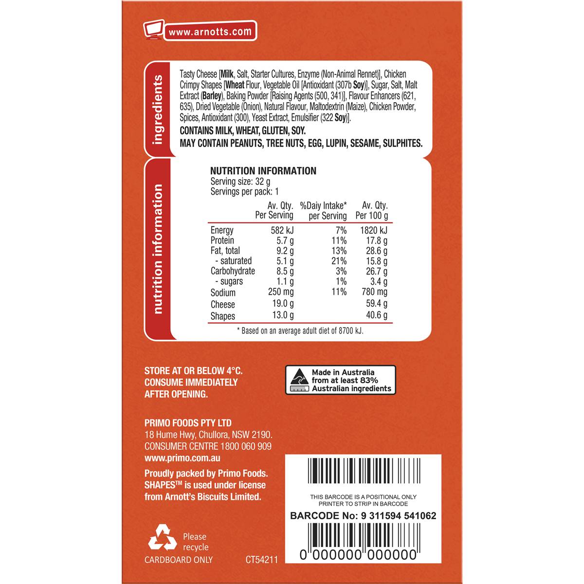 Arnott's Chicken Crimpy Shapes Cracker Biscuits & Cheese 32g | Woolworths