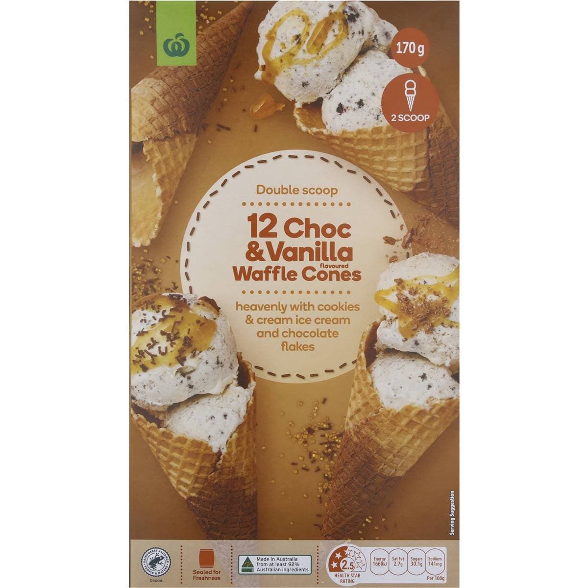 Woolworths Natural Choc And Vanilla Waffle Cones 12 Pack | Woolworths
