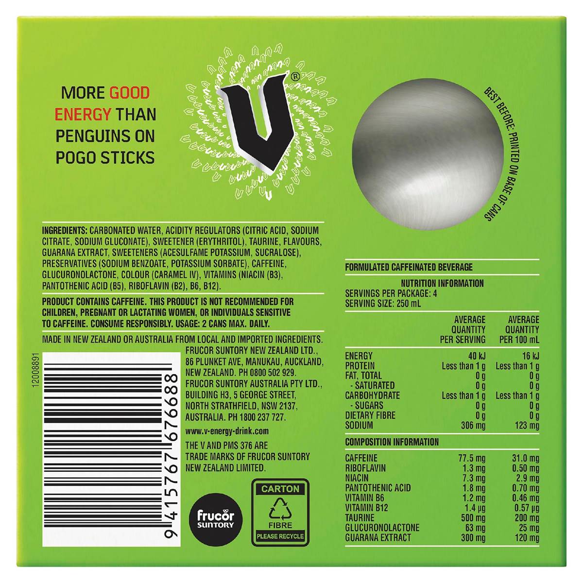 V Energy Sugar Free 250mlx 4 | Woolworths