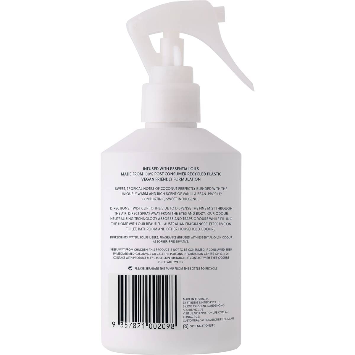 Green Nation Air Freshener Spray Vanilla + Coconut 200ml | Woolworths