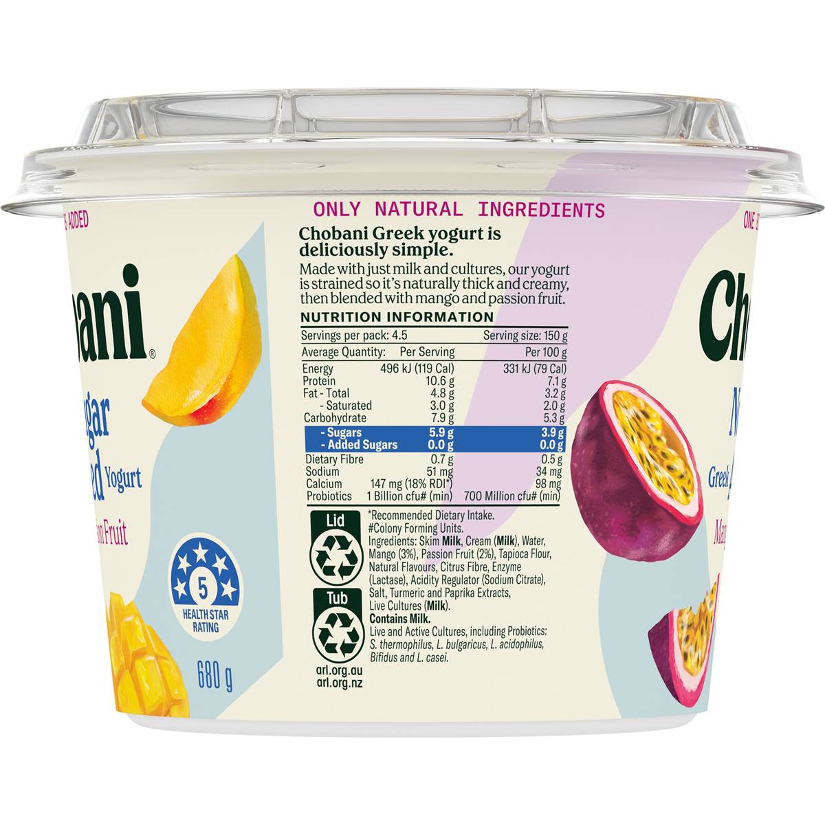 Chobani No Sugar Added Greek Yogurt Mango Passion Fruit 680g | Woolworths