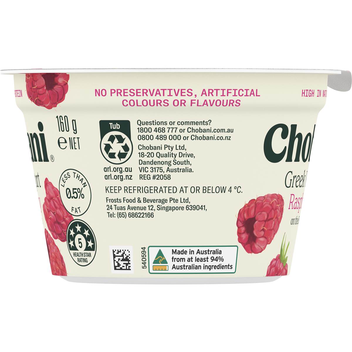 Chobani Greek Yogurt Raspberry 160g | Woolworths
