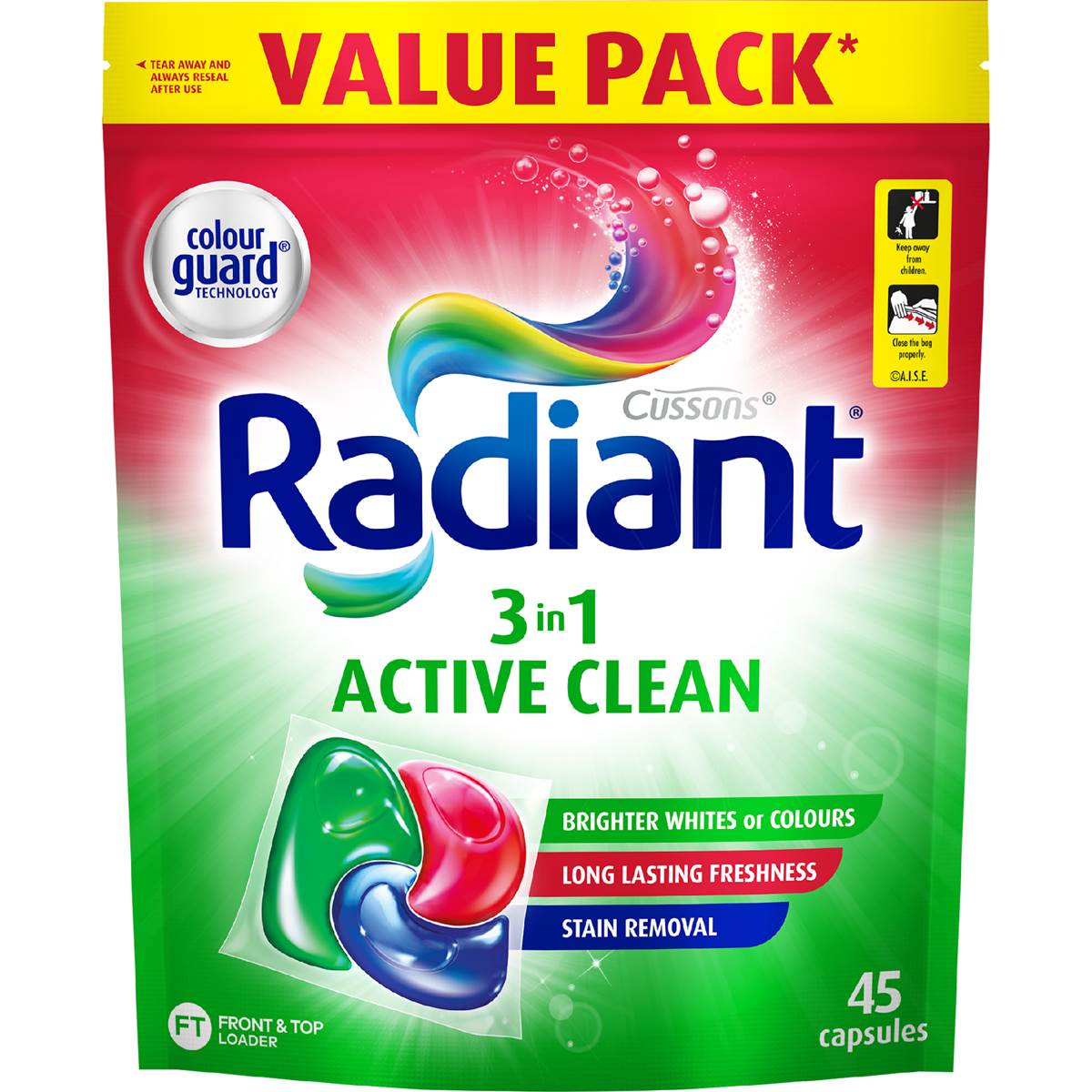 Radiant Active Clean Laundry Capsules 3-in-1 Washing Detergent 45 Pack ...
