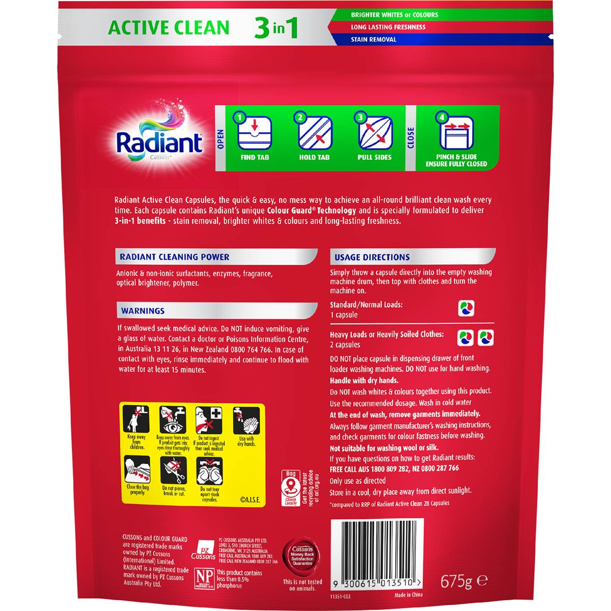 Radiant Active Clean Laundry Capsules 3-in-1 Washing Detergent 45 Pack ...