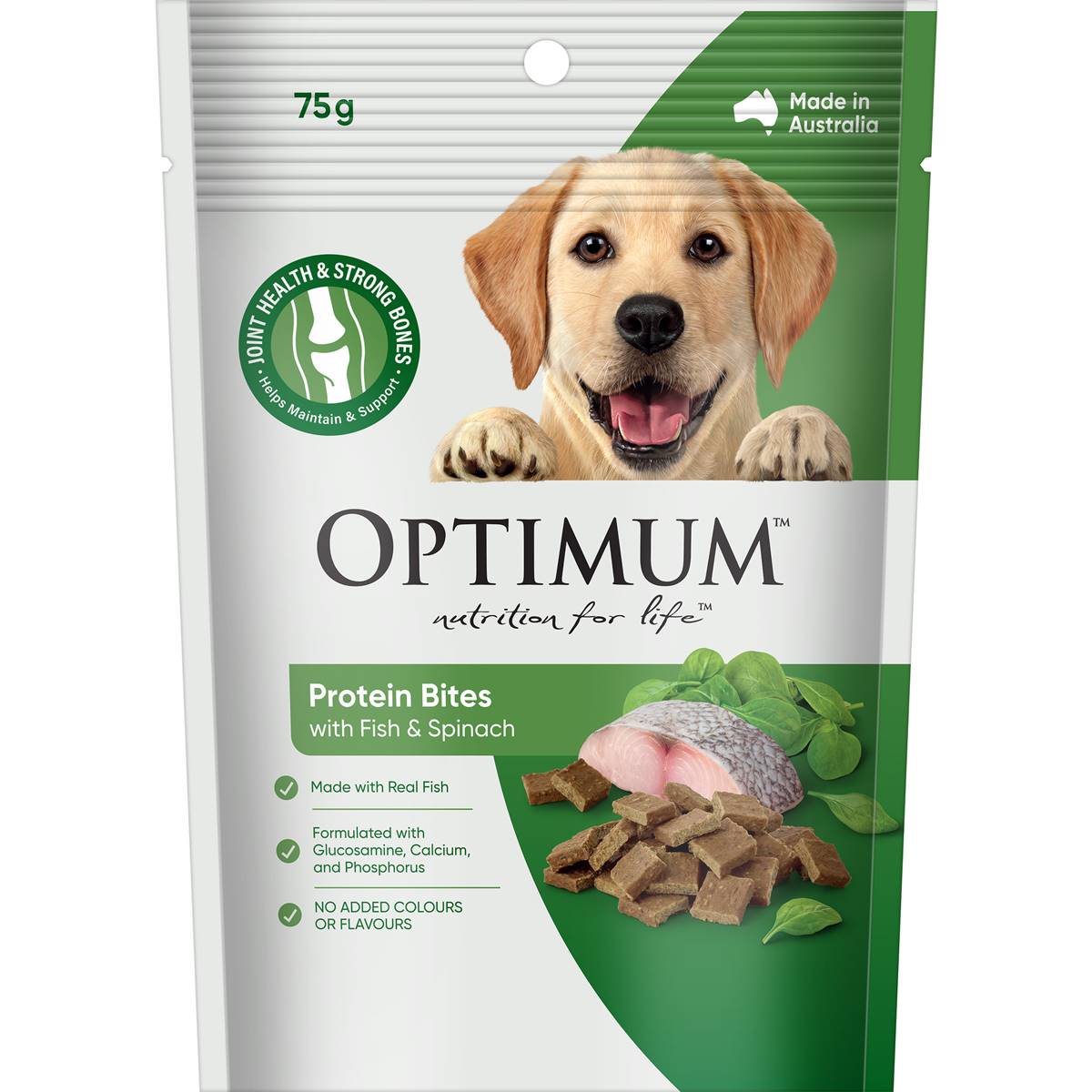 Optimum Protein Bites Dog Treats Fish & Spinach 75g | Woolworths