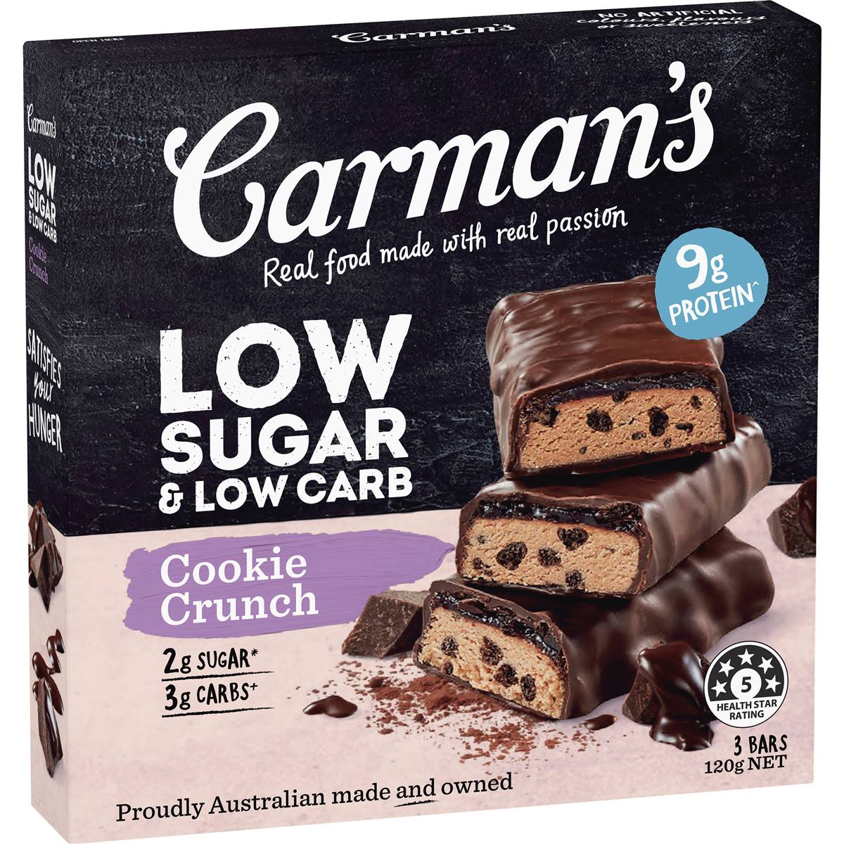 Carman's Protein Bars Low Sugar, Low Carb Cookie Crunch 3 Pack | Woolworths