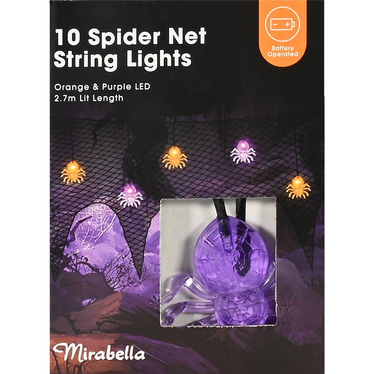 Mirabella Halloween Battery Operated 10 Spider Net Lights 2.7m Each ...