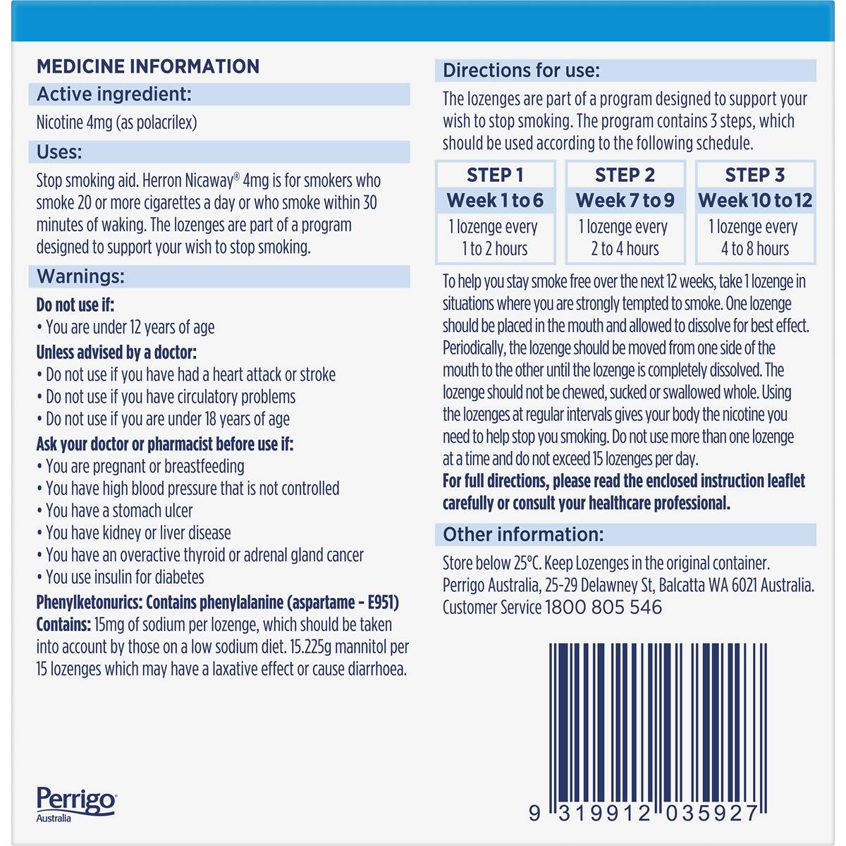 Nicaway Nicotine 4mg Lozenges Extra Strength Mint 132 Pack | Woolworths