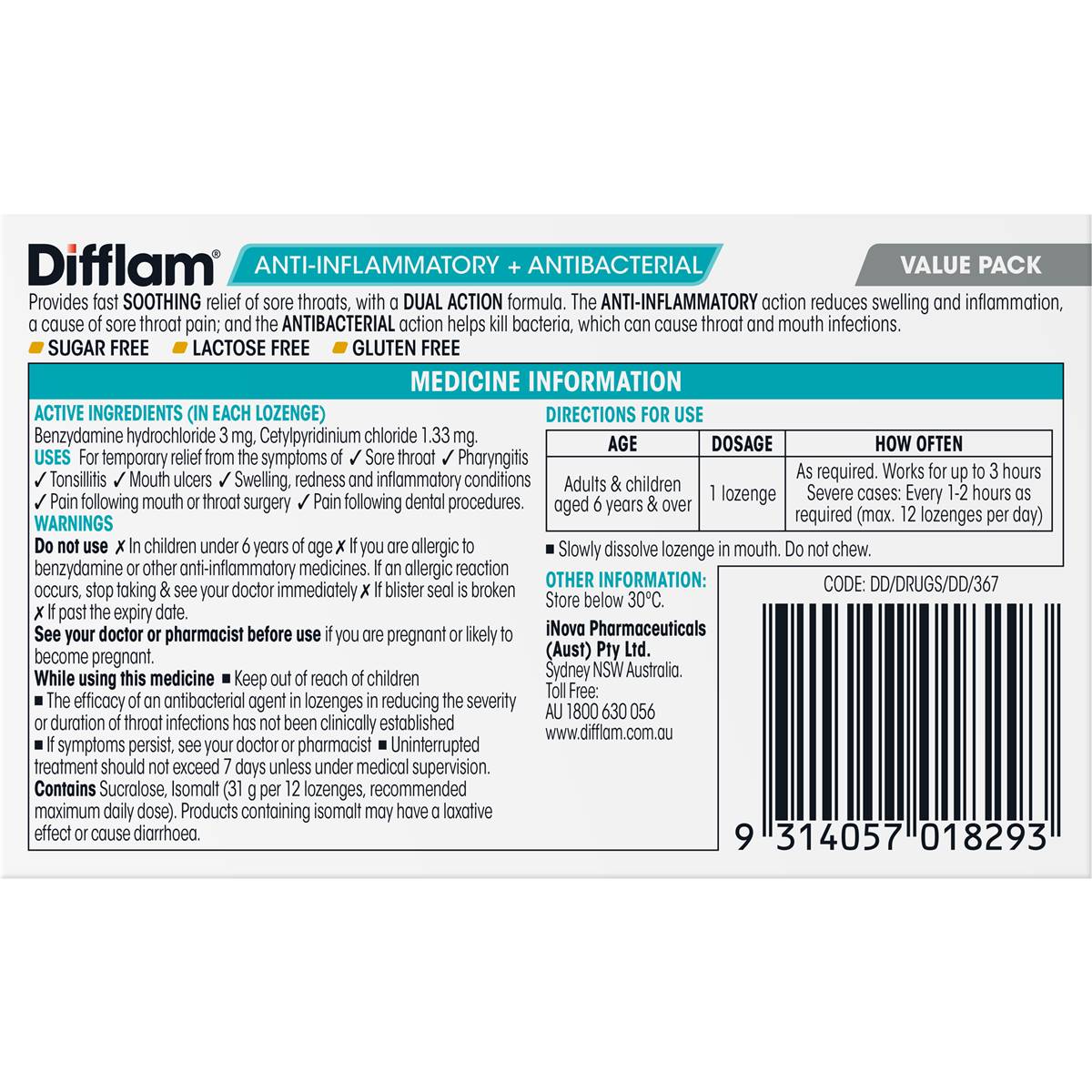 Difflam Dual Action Antibacterial Honey Lemon 32 Pack | Woolworths