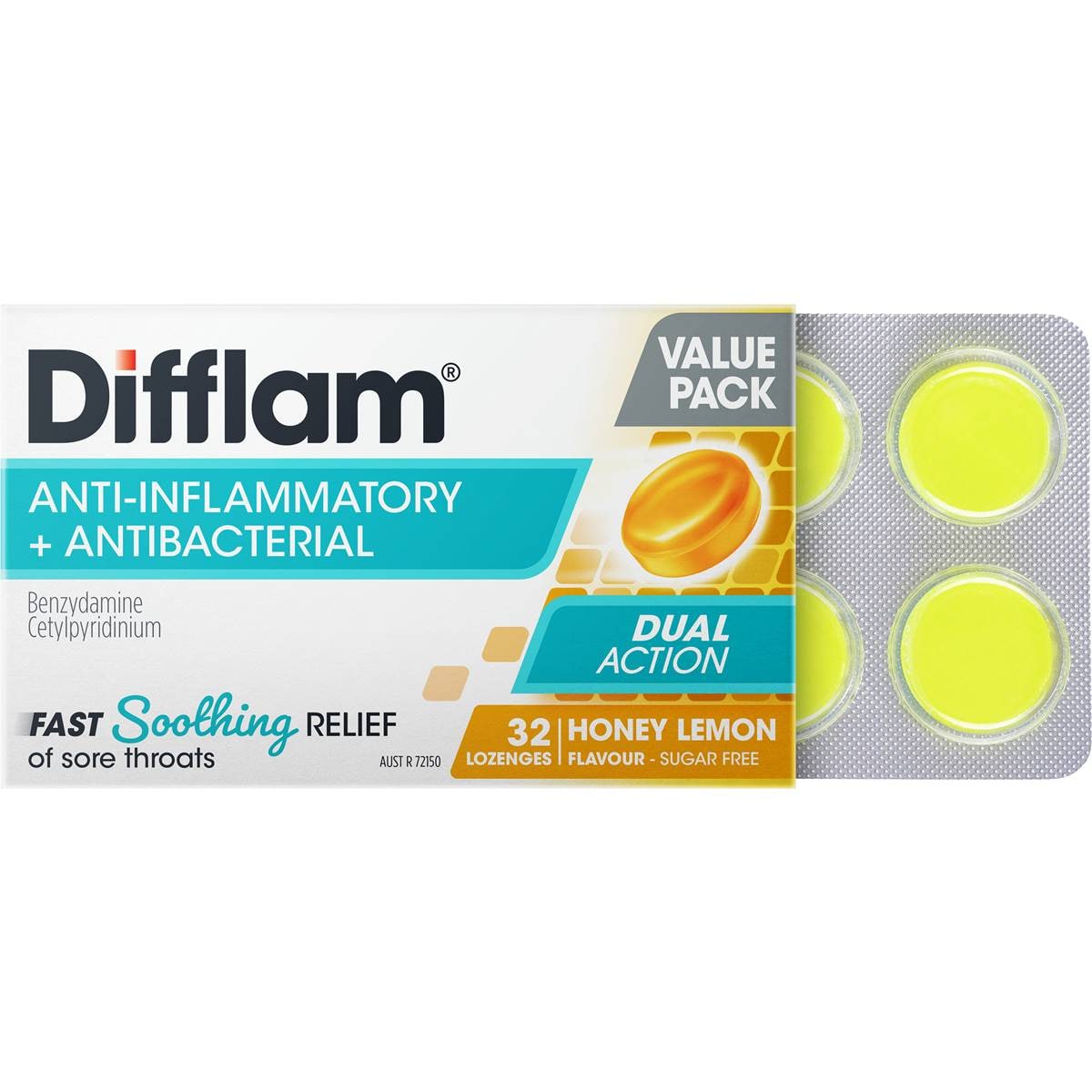 Difflam Dual Action Antibacterial Honey Lemon 32 Pack | Woolworths