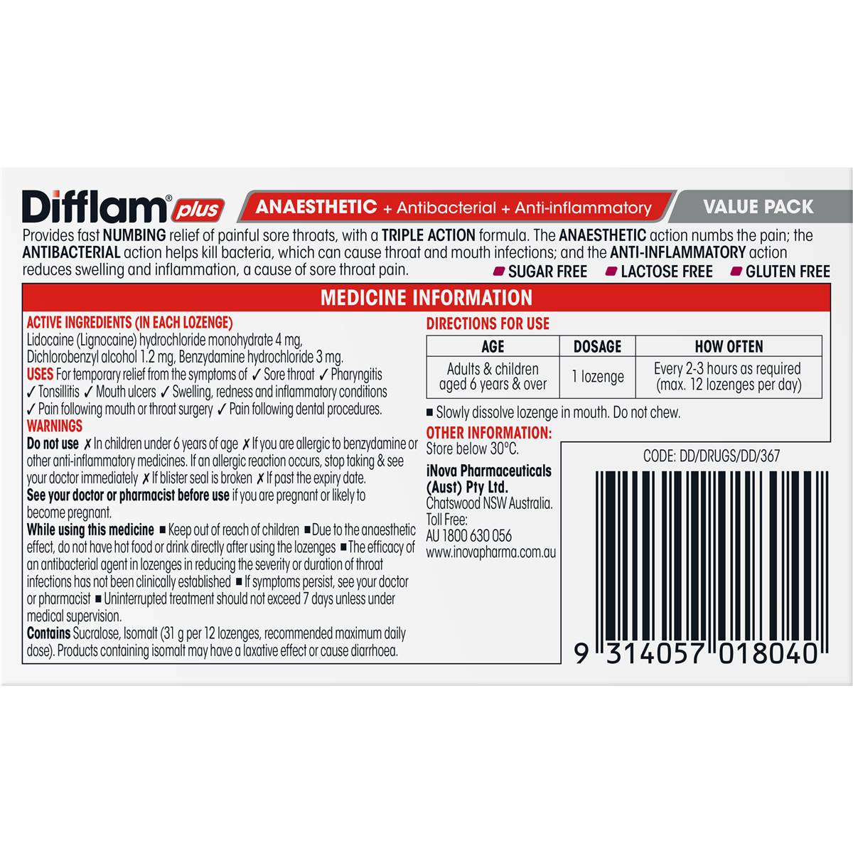 Difflam Plus Triple Action Wild Berry Flavour 32 Pack | Woolworths