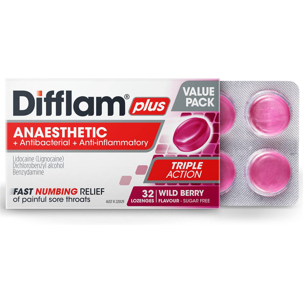 Difflam Plus Triple Action Wild Berry Flavour 32 Pack | Woolworths