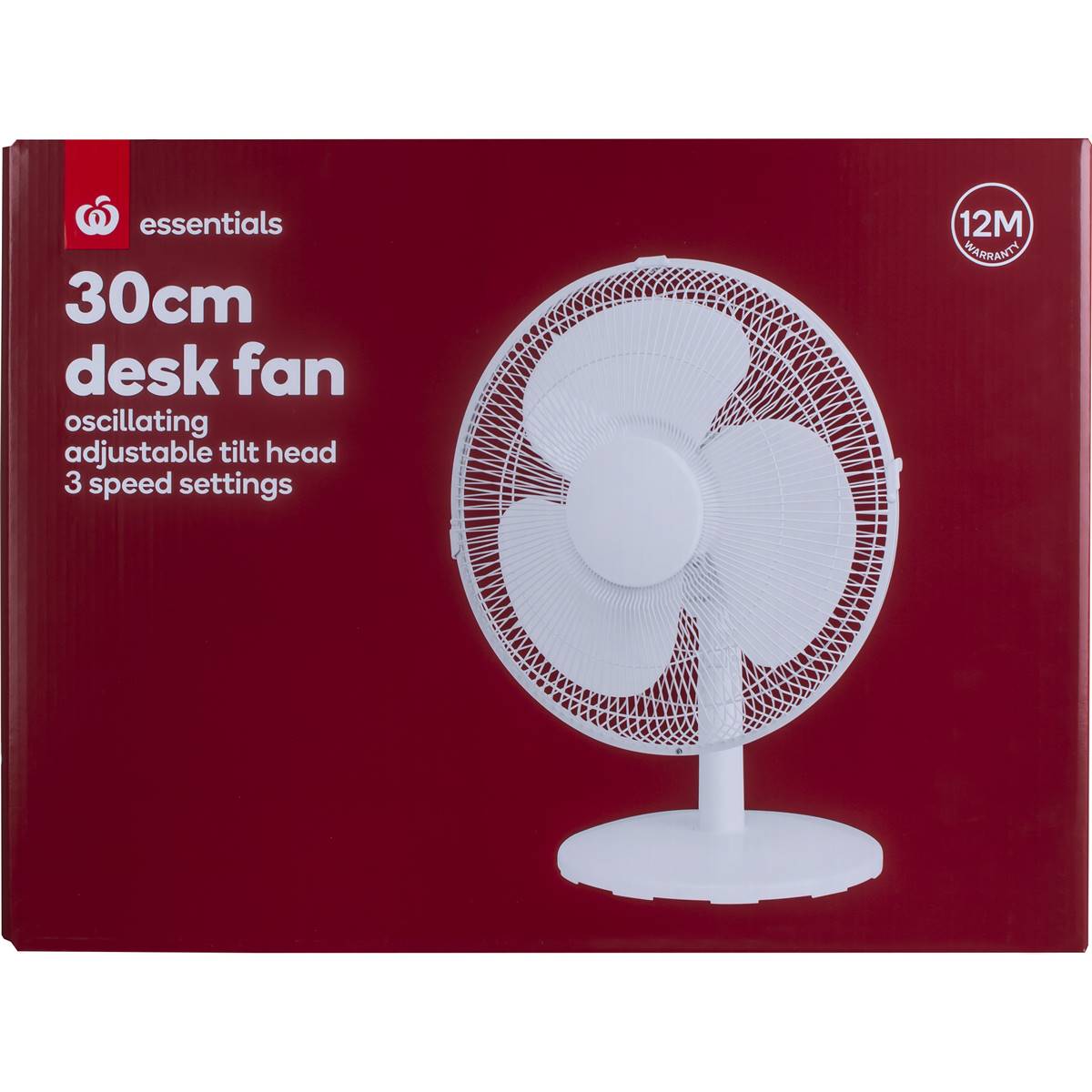 Essentials Oscillating Desk Fan 3 Speed 30cm White Each | Woolworths