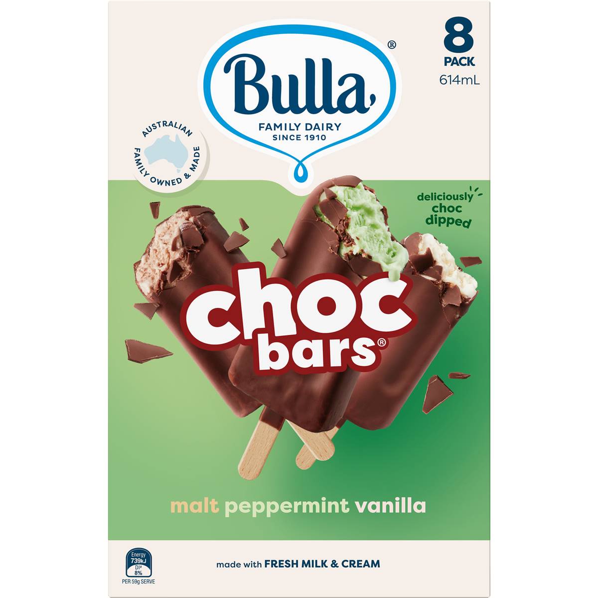Bulla Mint Vanilla Chocolate Bar Sticks 8 Pack | Woolworths
