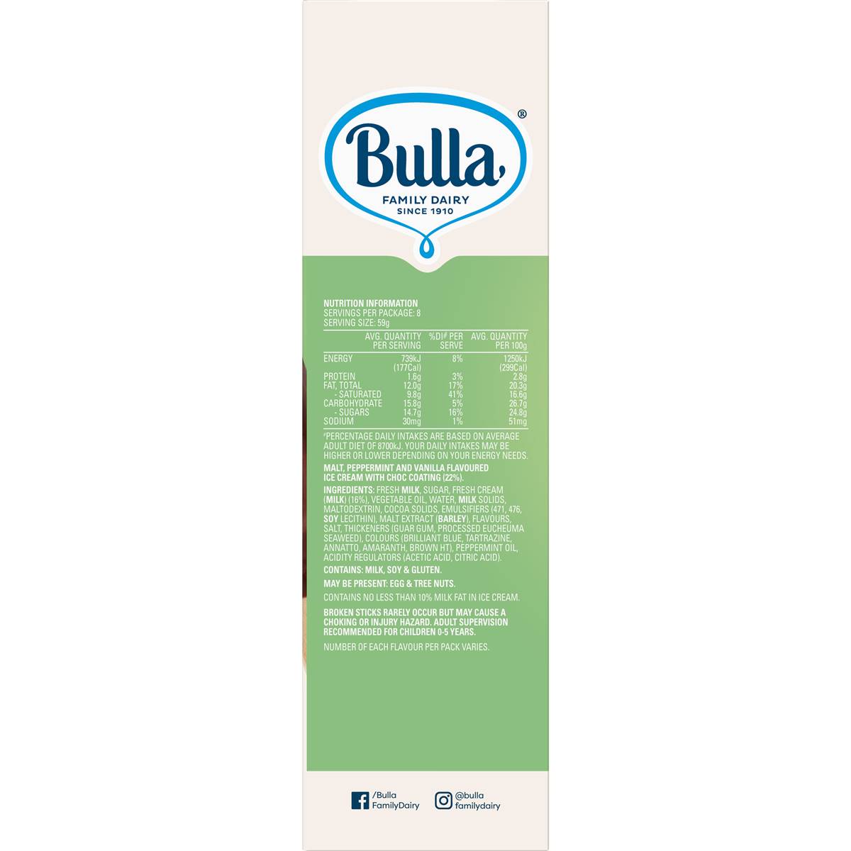 Bulla Mint Vanilla Chocolate Bar Sticks 8 Pack | Woolworths