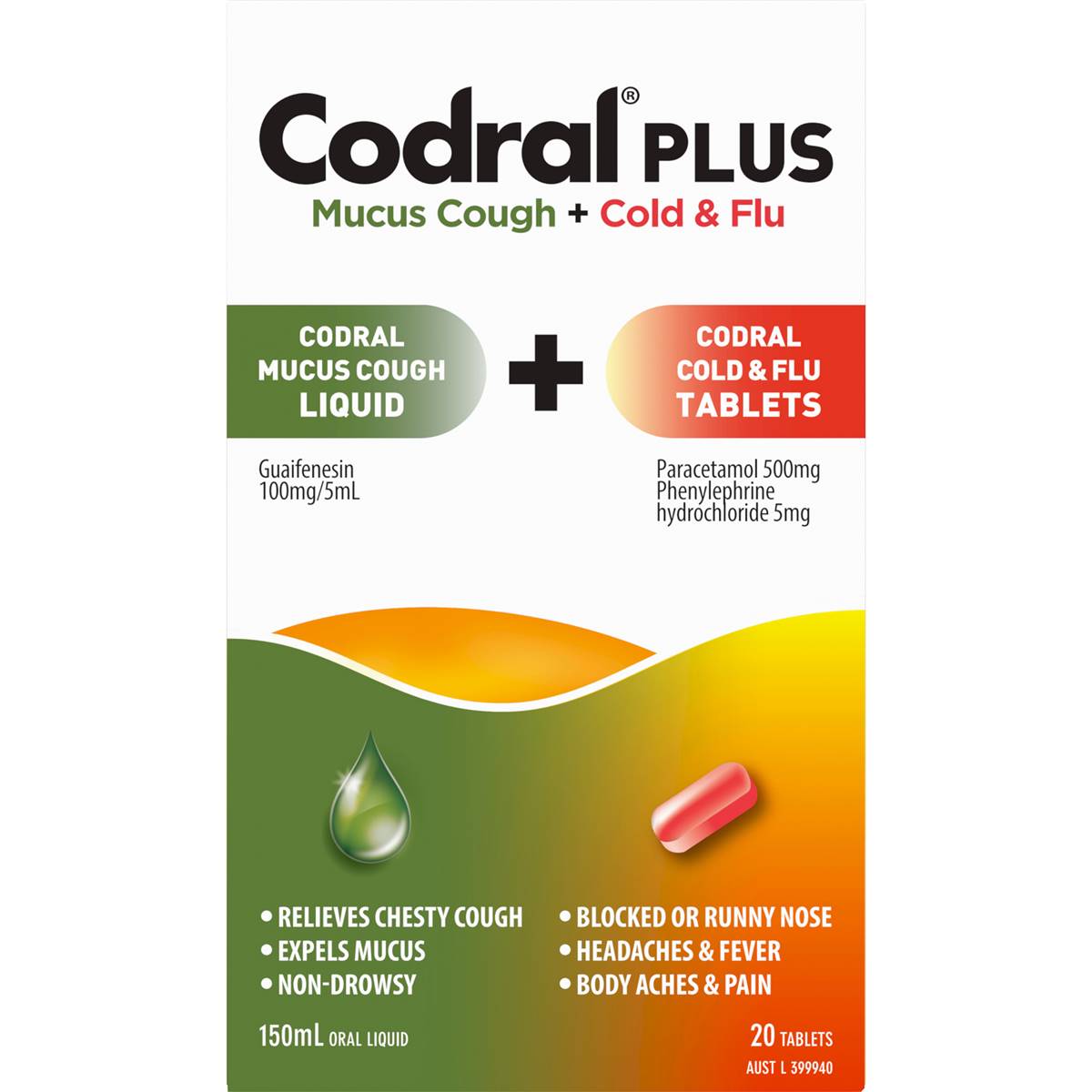 Codral Plus Mucus Cough Liquid 150ml & Cold & Flu Tablets 20 Pack ...