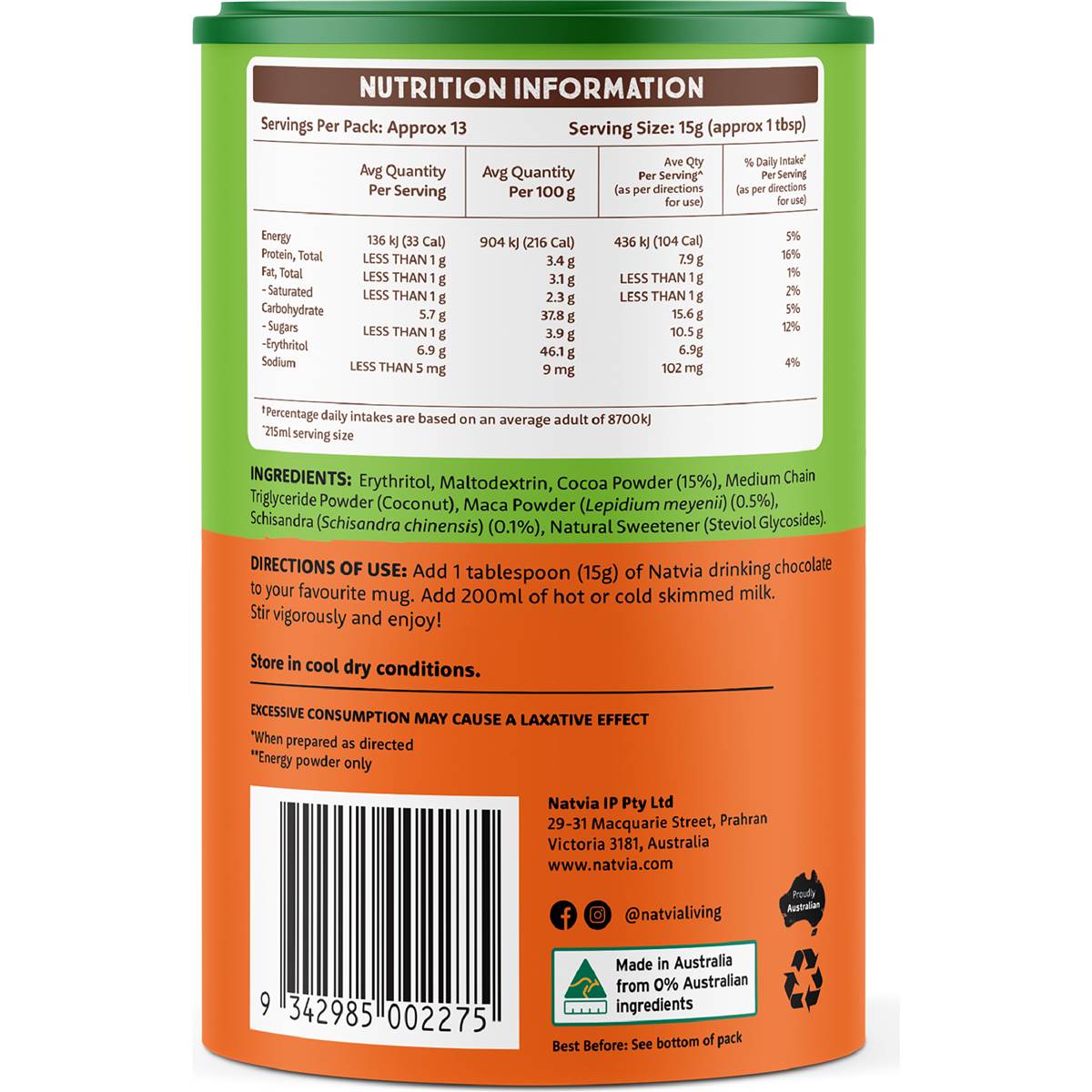 Natvia Energy Drinking Chocolate 200g | Woolworths