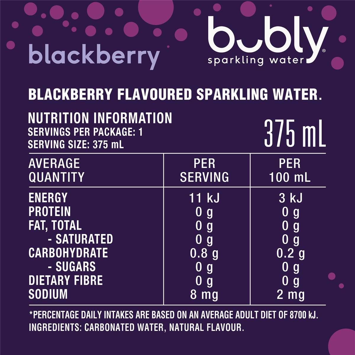 Bubly Sparkling Water With Blackberry Multipack Cans 375ml X 8 Pack | Woolworths