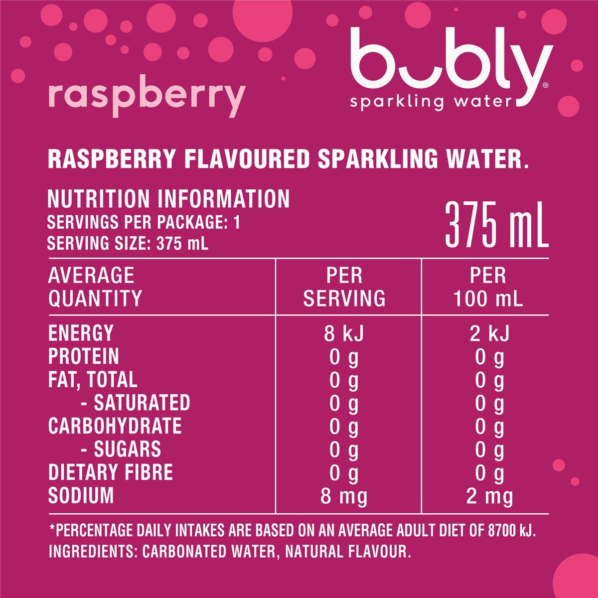 Bubly Raspberry Sparkling Water No Sugar Multipack Cans 375ml X 8 Pack | Woolworths