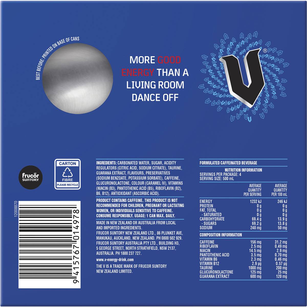 V Energy Blue Energy Drink Cans 500ml X 4 Pack | Woolworths