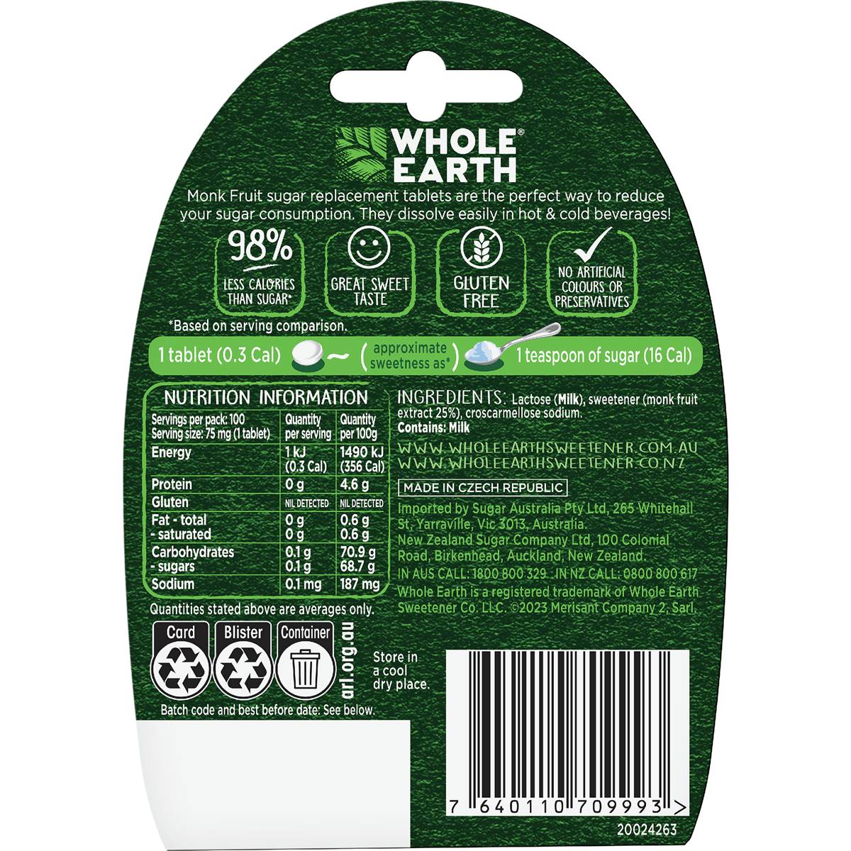 Whole Earth Monk Fruit Sugar Replacement Tablets 100 Pack | Woolworths
