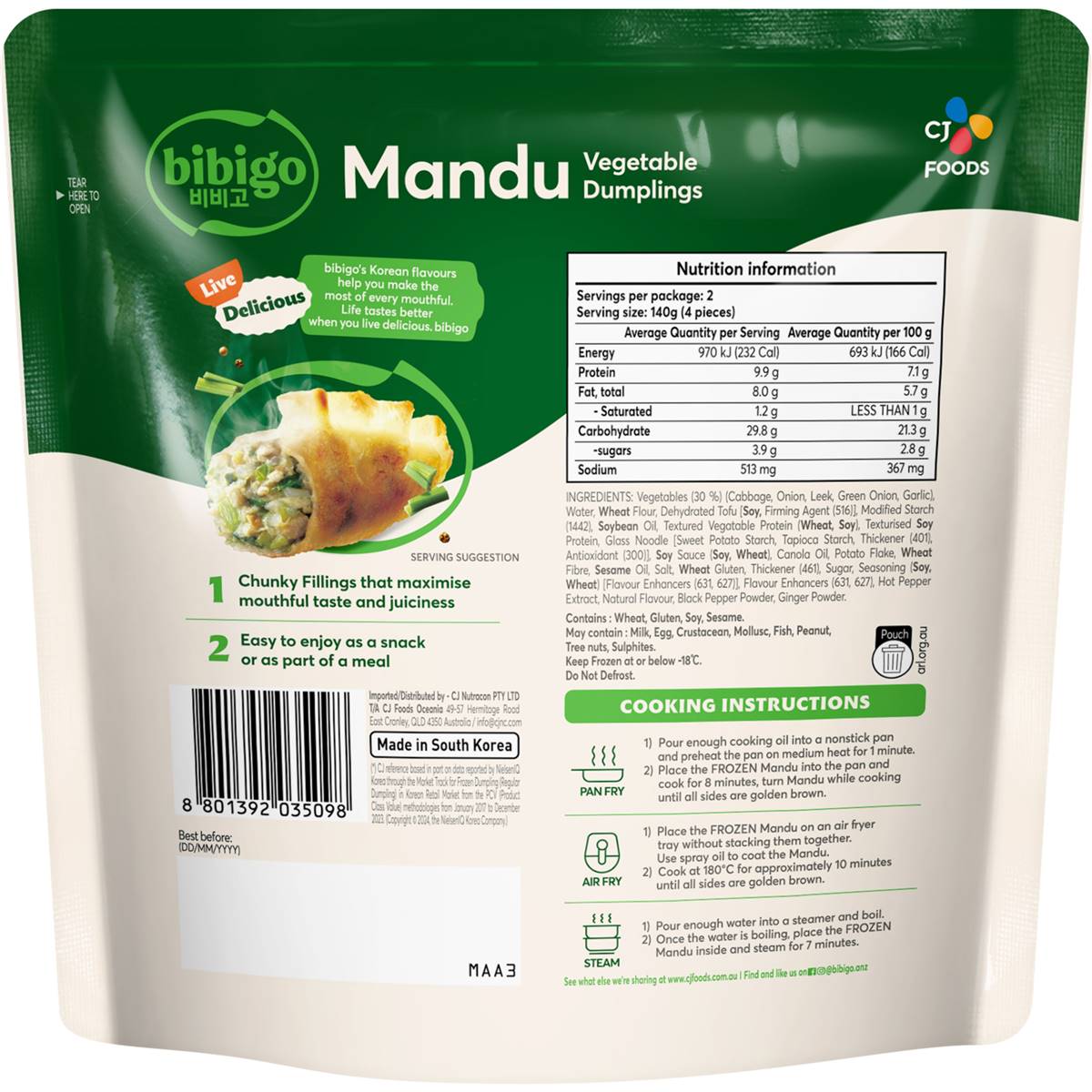 Bibigo Mandu Vegetable Dumplings 280g | Woolworths