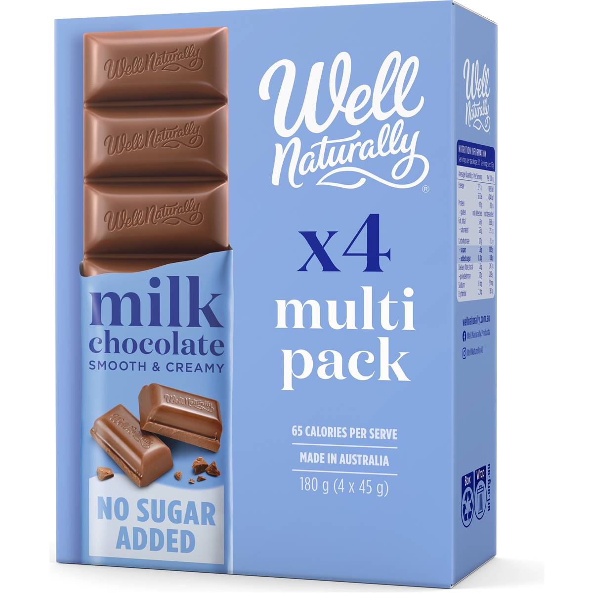 Well Naturally No Sugar Added Milk Chocolate Bars 45g X 4 Pack | Woolworths