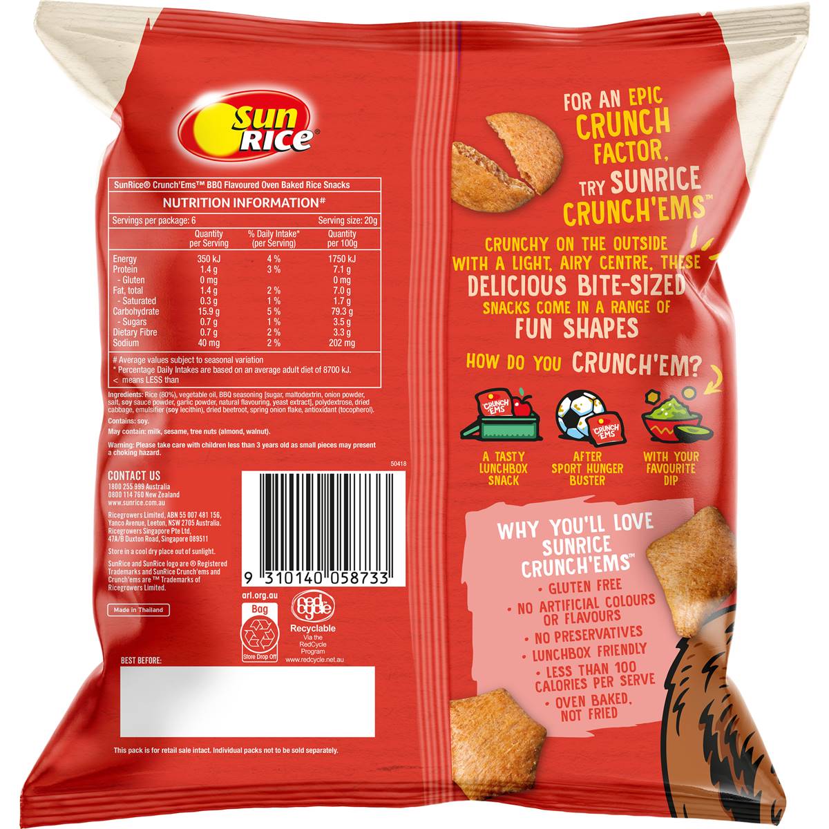Sunrice Crunch 'ems Oven Baked Rice Snacks Grizzly Bbq 6 Pack | Woolworths