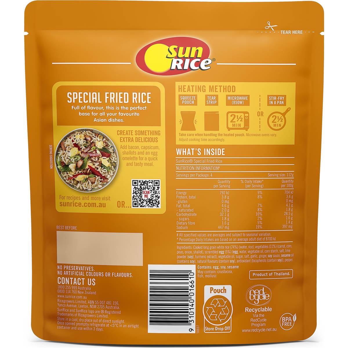 Sunrice Microwave Special Fried Rice Flavoured Rice Pouch 450g | Woolworths