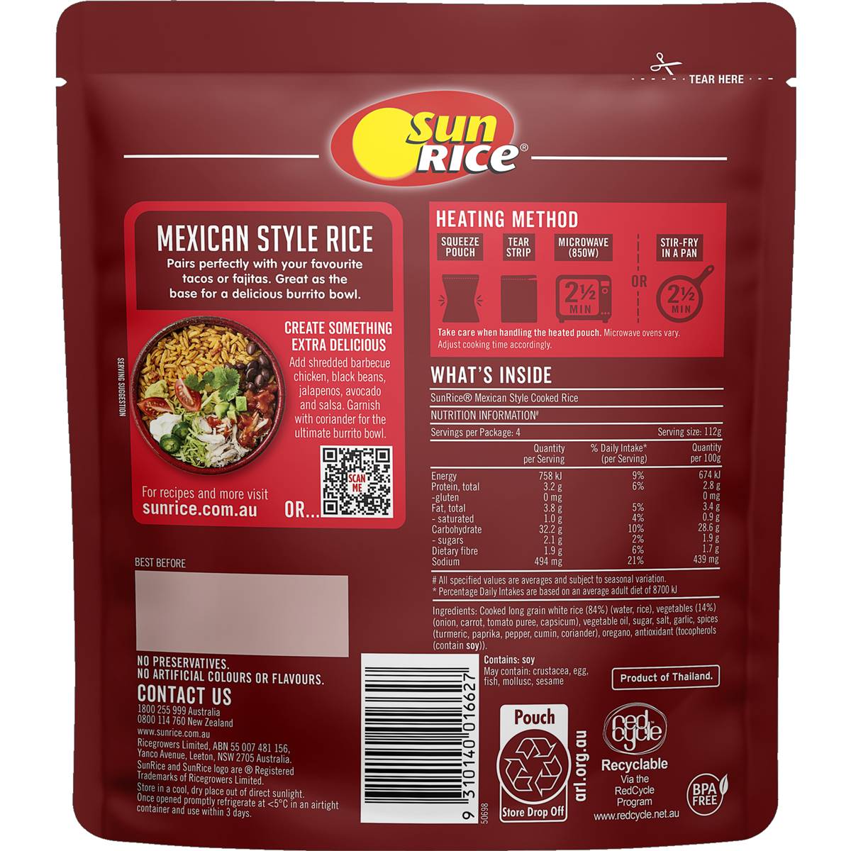 Sunrice Microwave Mexican Style Rice Flavoured Rice Pouch 450g | Woolworths