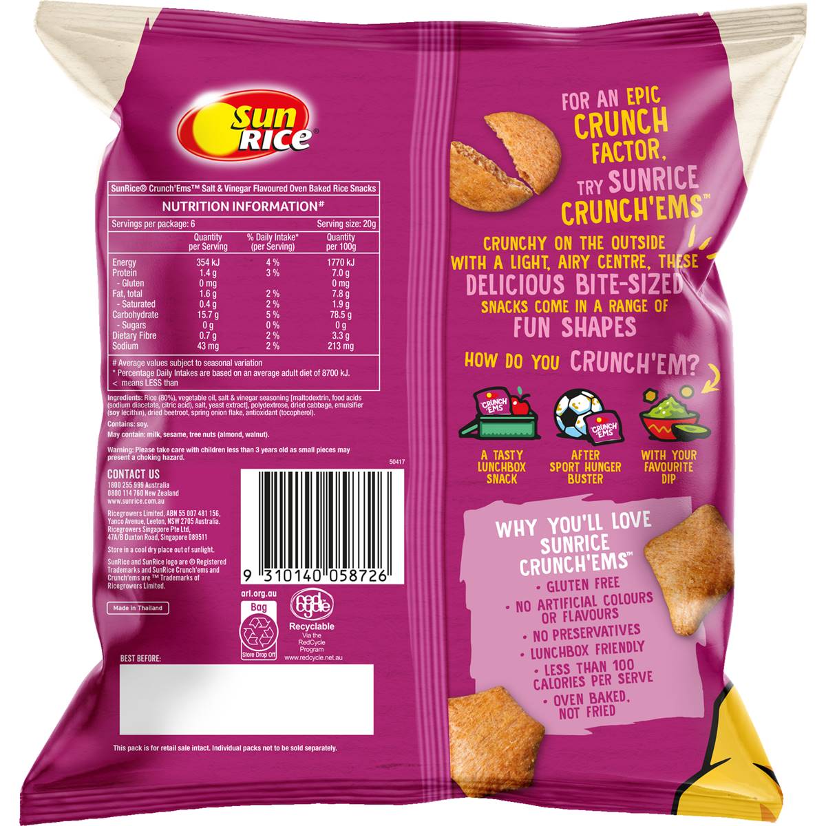 Sunrice Crunch 'ems Oven Baked Rice Snacks Salt & Vinegar 6 Pack ...