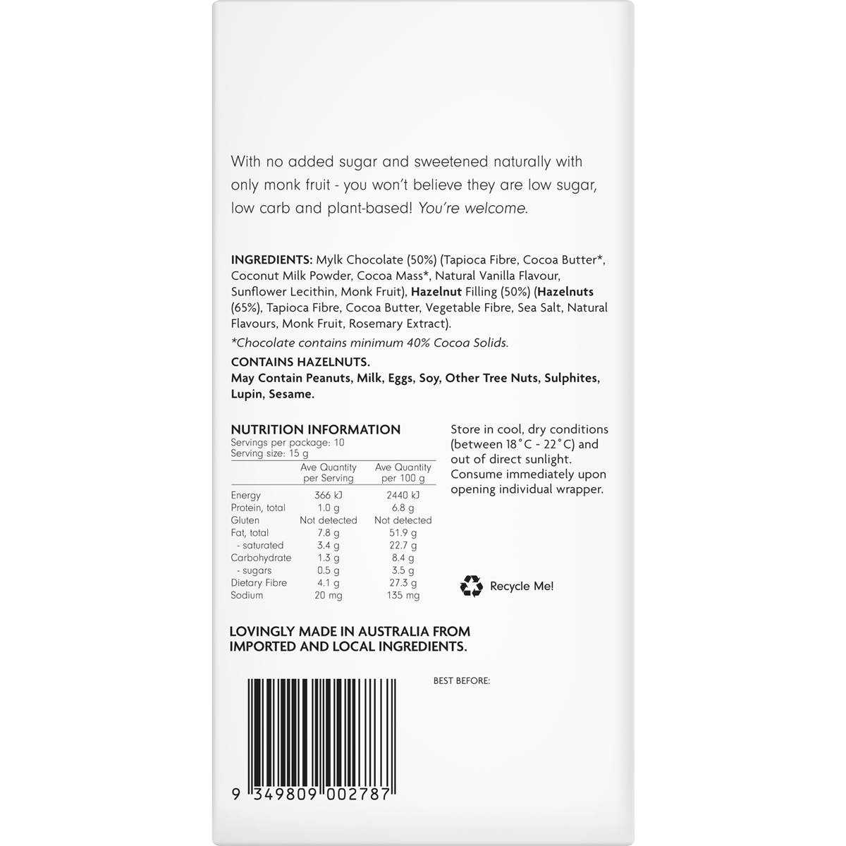 Health Lab Low Sugar Mylk Chocolate Diamonds Hazelnut 150g | Woolworths