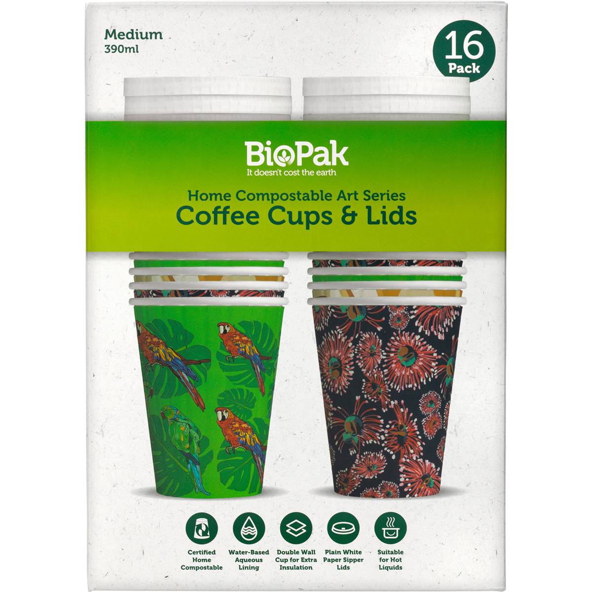 Biopak Art Series Paper Cups With Lids 390ml 16 Pack | Woolworths