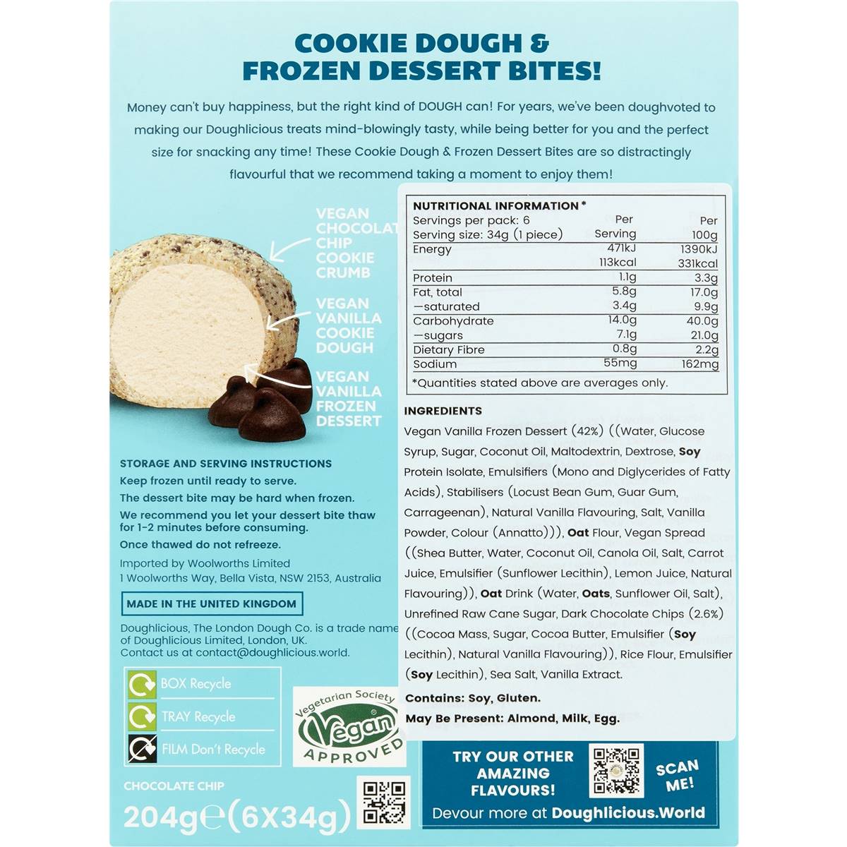 Doughlicious Dessert Bites Cookie Dough Chocolate Chip 6 Pack | Woolworths