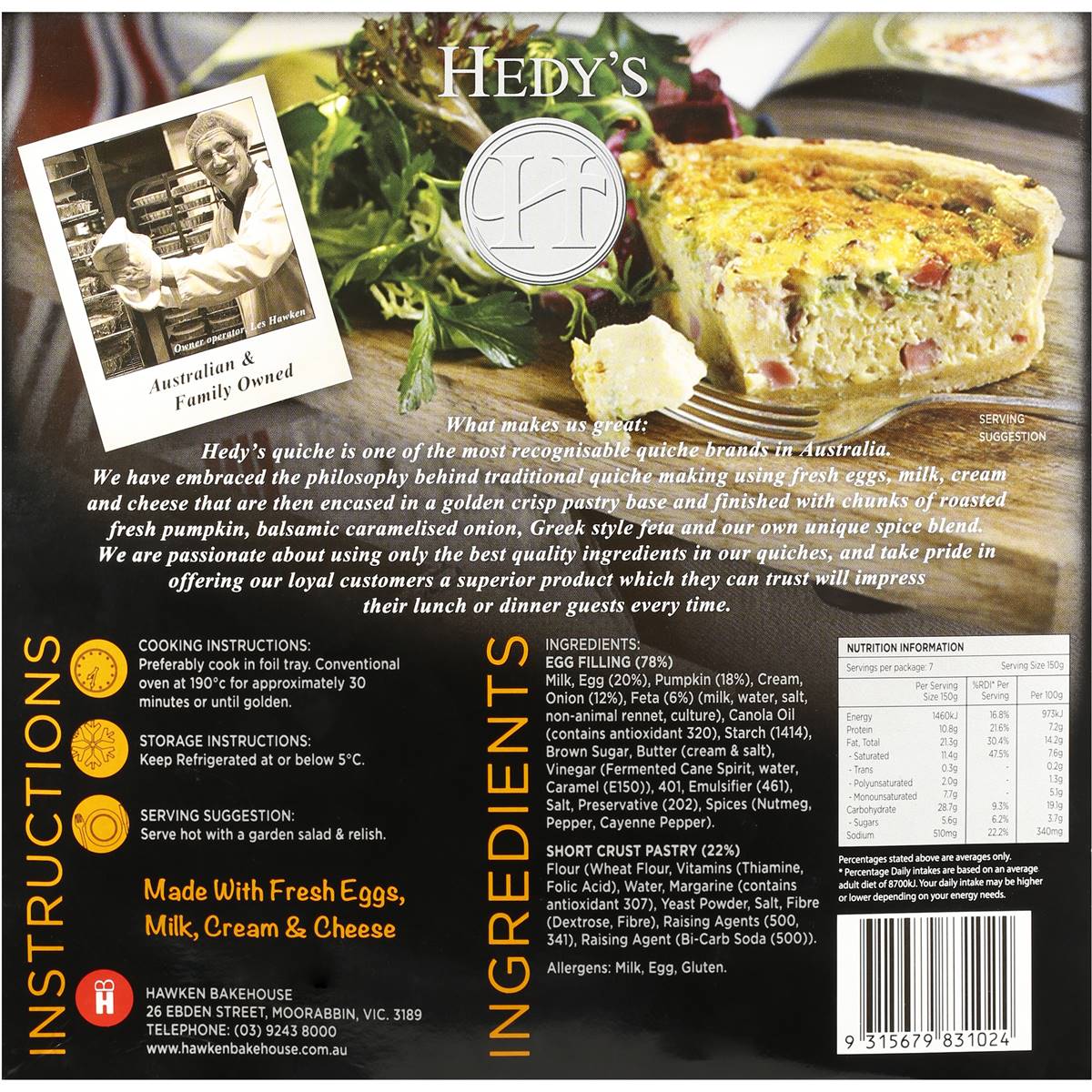Hedy's Quiche Roast Pumpkin Fetta & Onion 1.1kg | Woolworths
