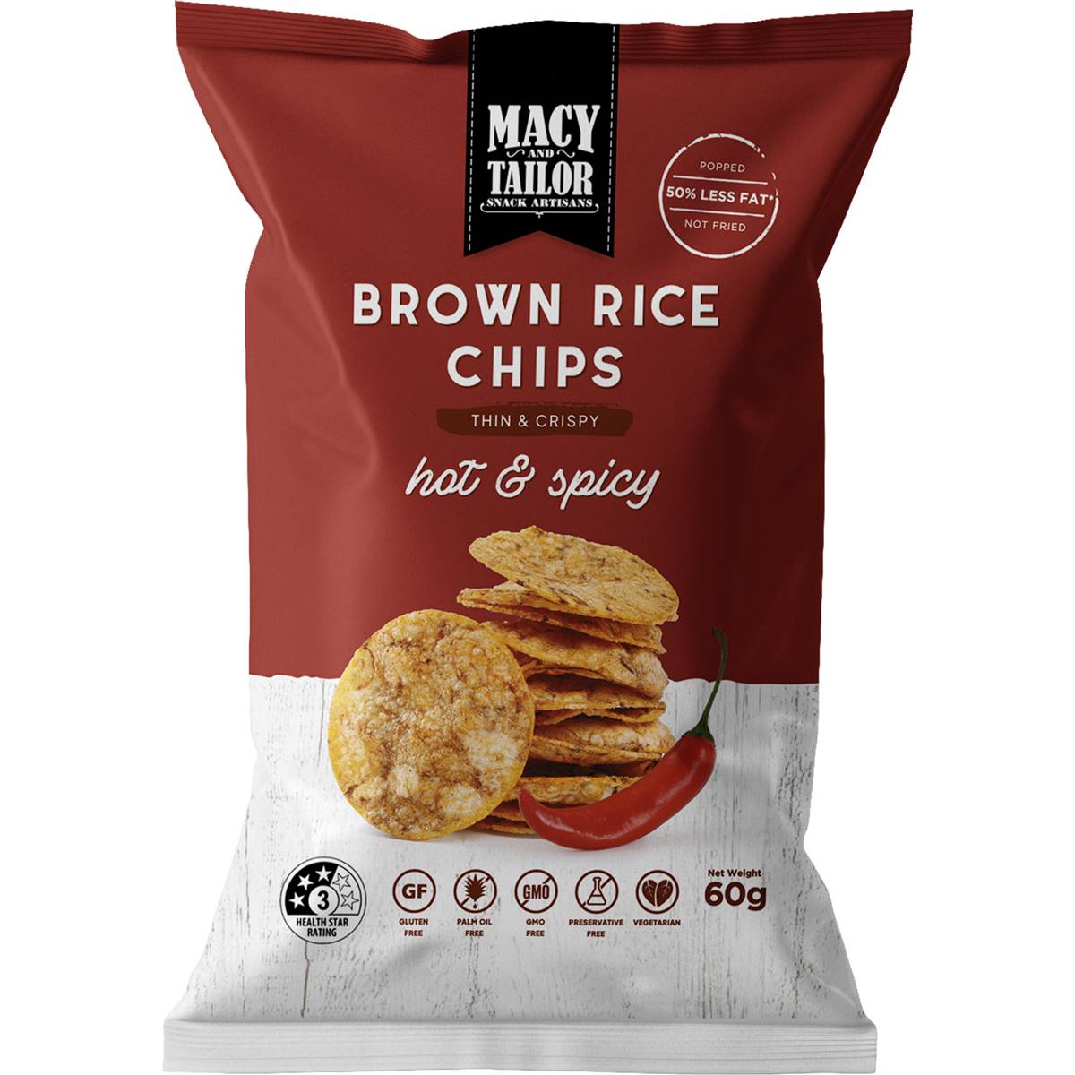 Macy And Tailor Brown Rice Chips Hot And Spicy 60g Woolworths