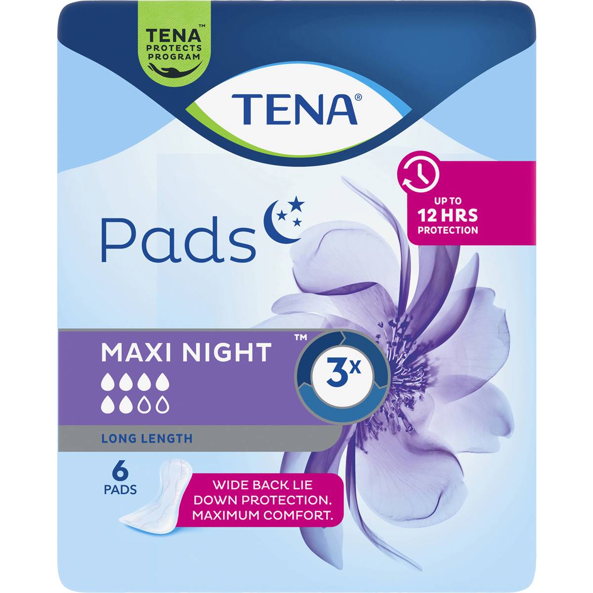 Tena Maxi Night Pads Long Length 6 Pack | Woolworths