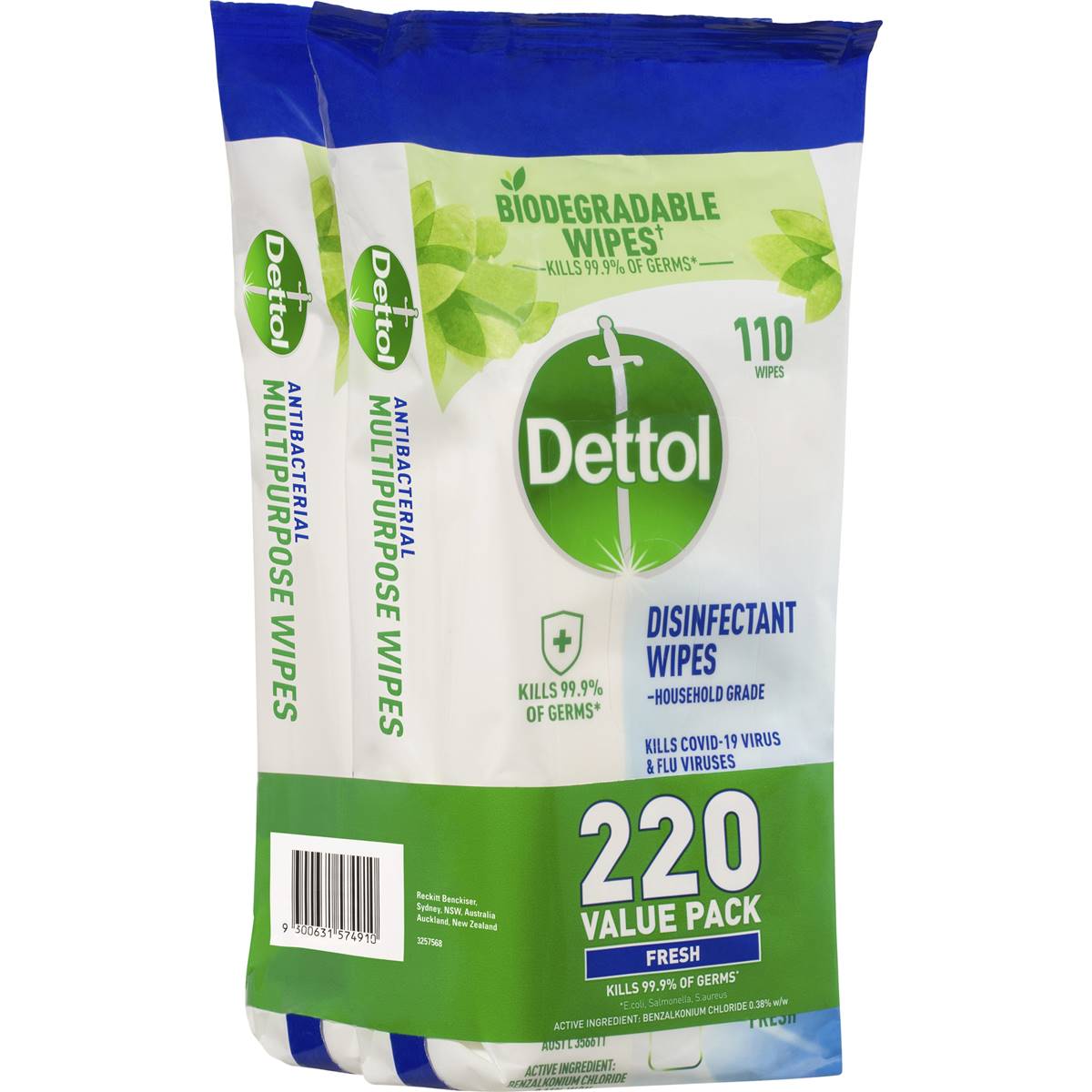 Dettol Multipurpose Disinfectant Cleaning Wipes Fresh 220 Pack | Woolworths
