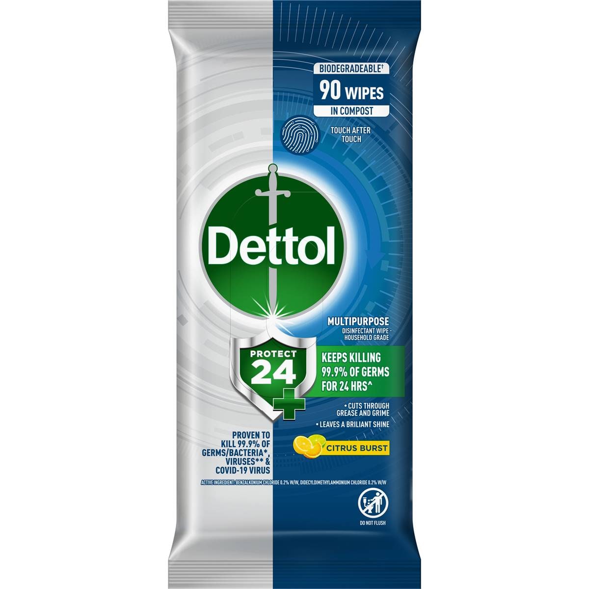 Dettol Protect 24 Hour Multipurpose Cleaning Wipes Citrus 90 Pack ...