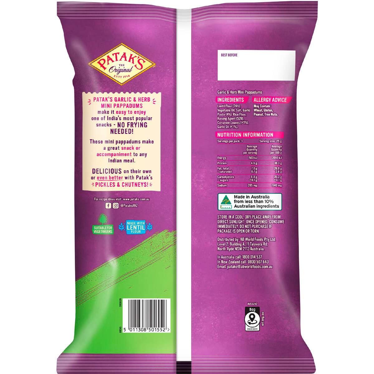 Patak's Ready To Eat Mini Pappadums Garlic & Herb 75g | Woolworths