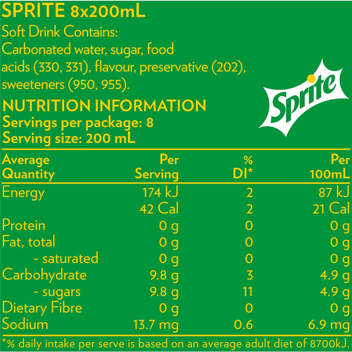Sprite Mini Cans 200ml X8 Pack | Woolworths