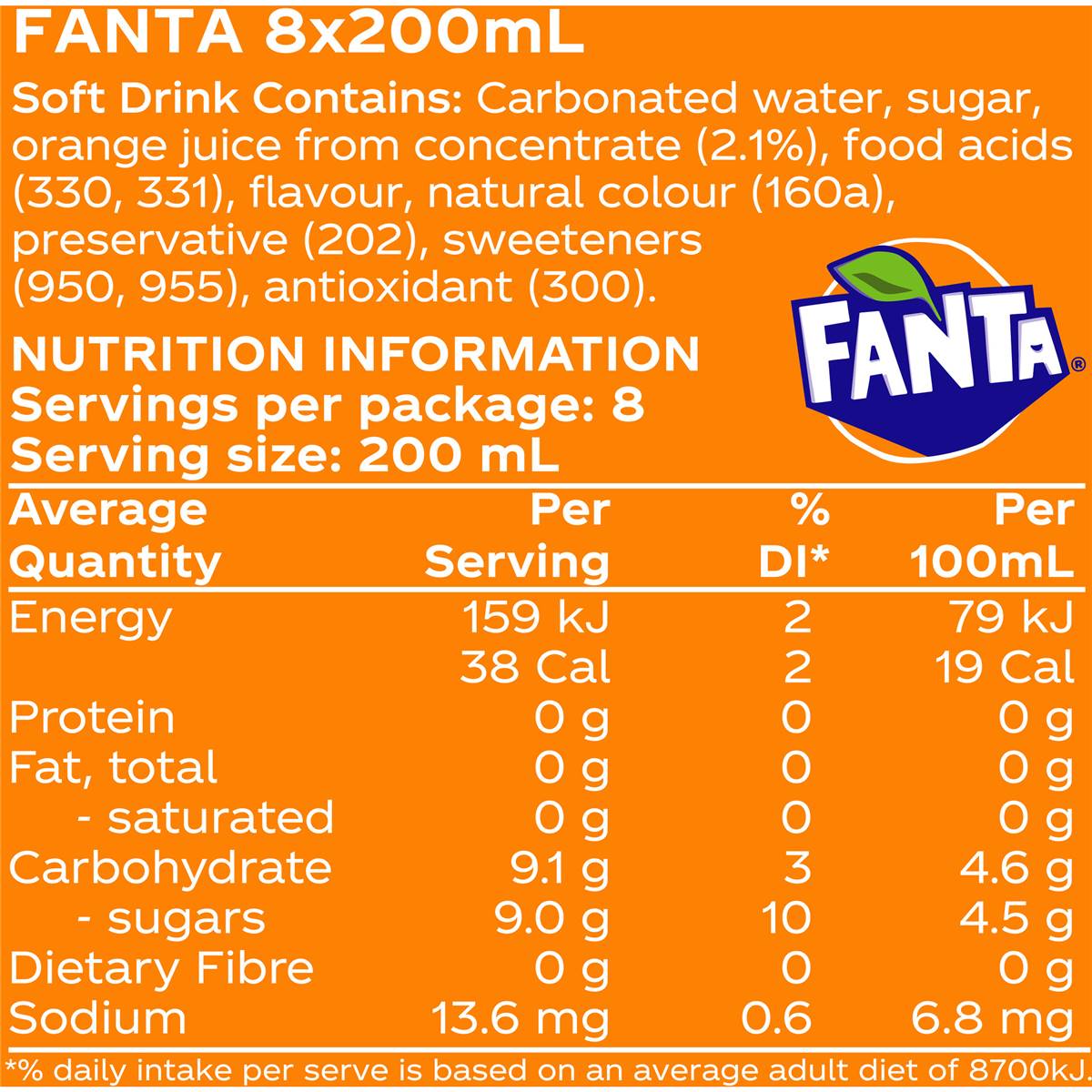 Fanta Orange Mini Can 200ml X8 Pack | Woolworths