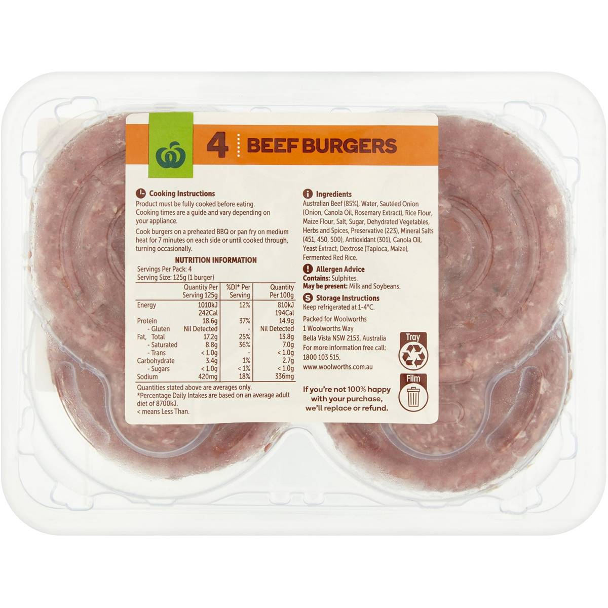 Woolworths Beef Burgers 500g 4 Pack | Woolworths
