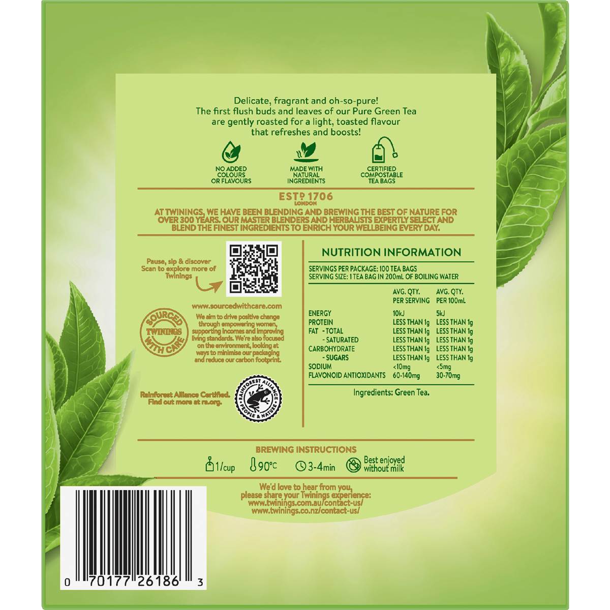 Twinings Pure Green Tea Bags 100 Pack | Woolworths