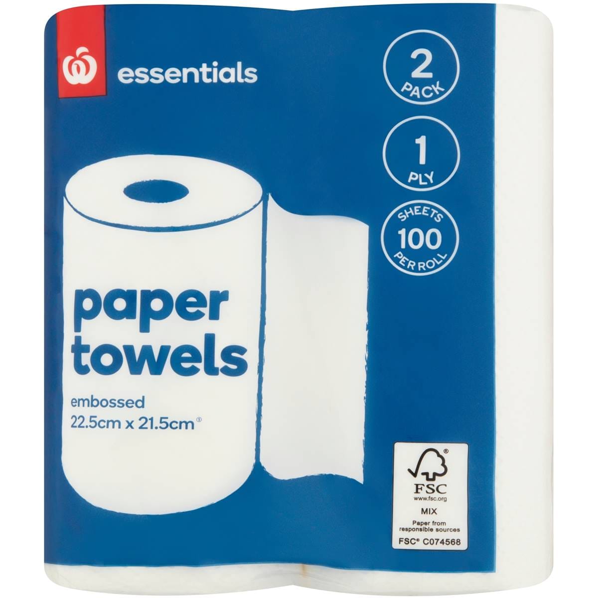 Essentials Paper Towel Embossed White 1 Ply 200 Sheets 2 Pack | Woolworths