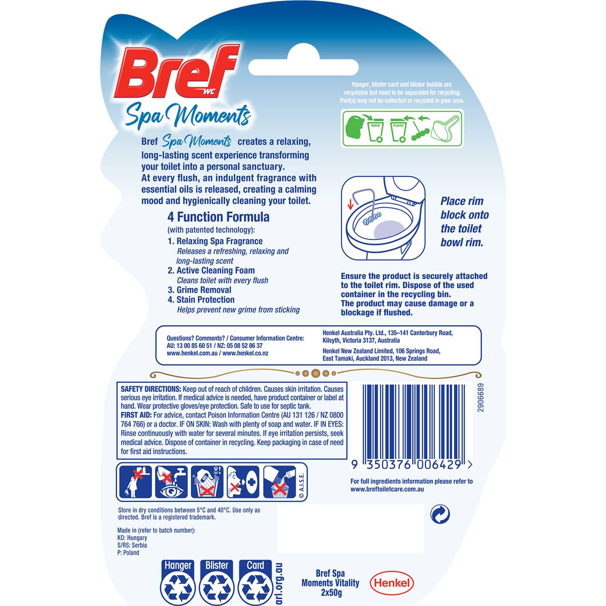 Bref Spa Moments Rim Block Toilet Cleaner Vitality 50g X 2 Pack ...